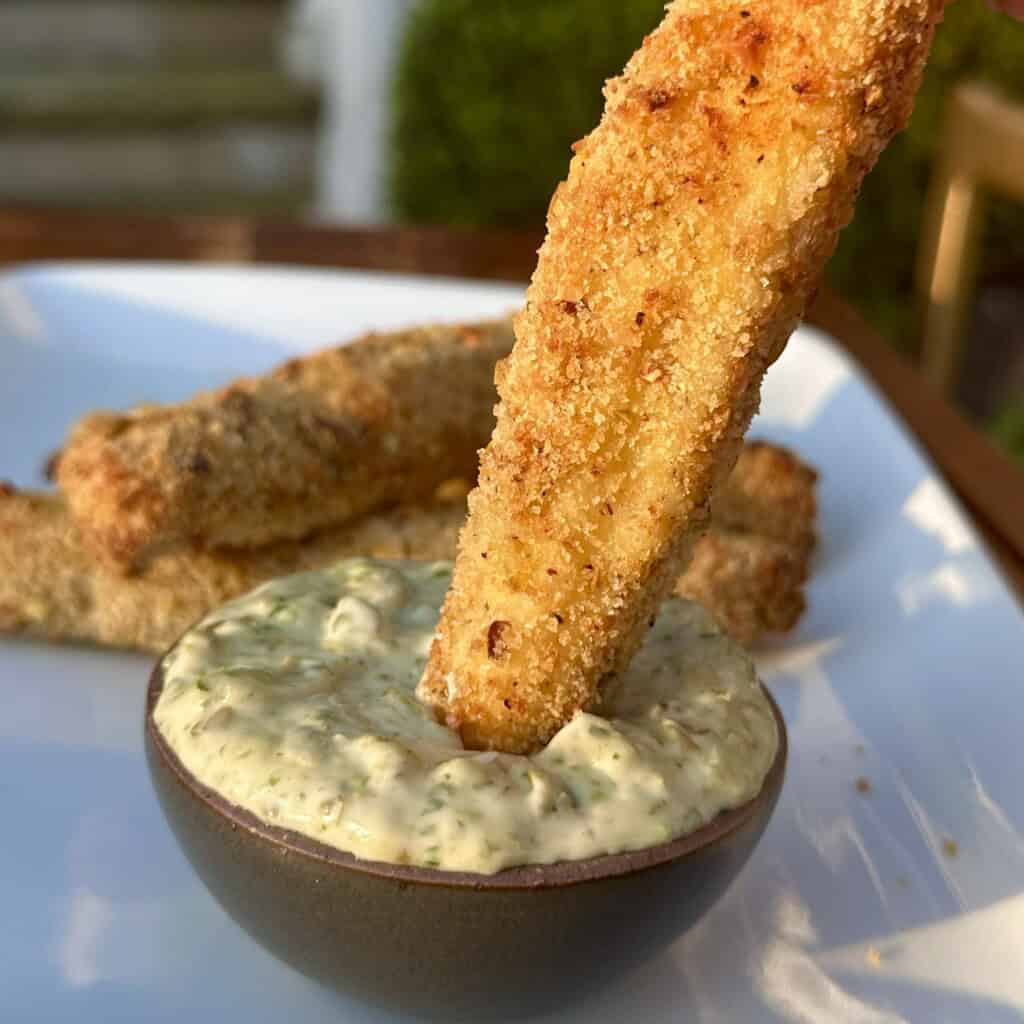 Pistachio Crusted Cod Fish Sticks with Pesto Tartar Sauce - Alessandra ...